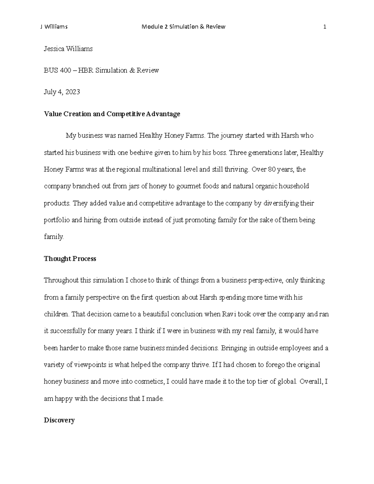 JW BUS 400 Module 2 Simulation Report - Jessica Williams BUS 400 – HBR ...