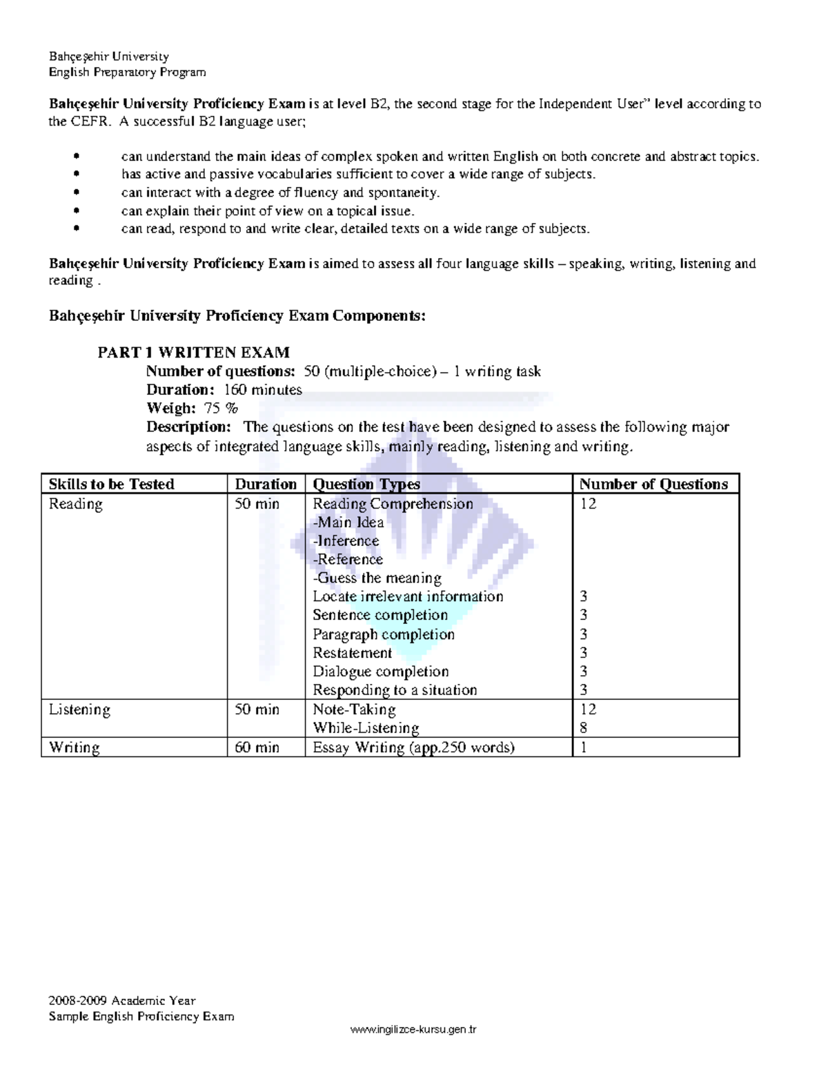 Bahcesehir-prof-sample - English Preparatory Program 2008-2009 Academic ...