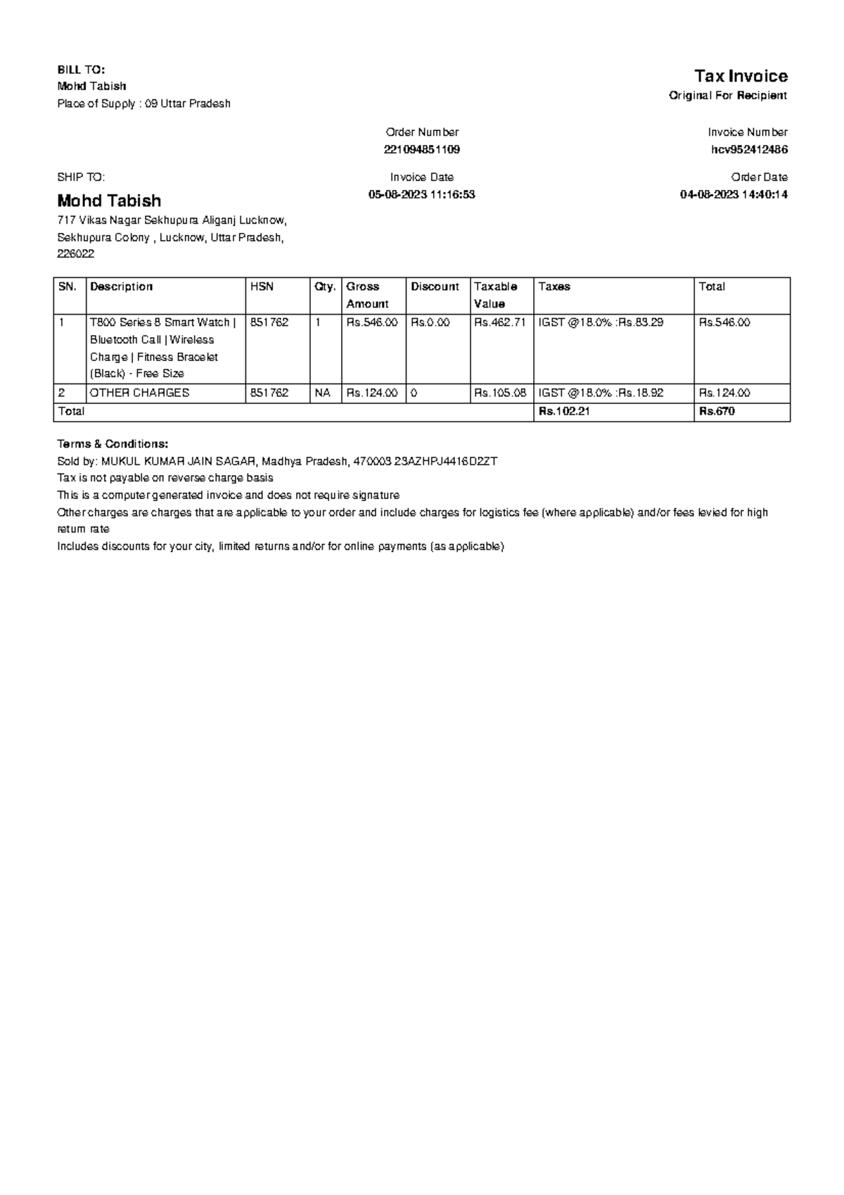 Downloading invoice ms invoice 221094851109 1 - BILL TO: Mohd Tabish ...