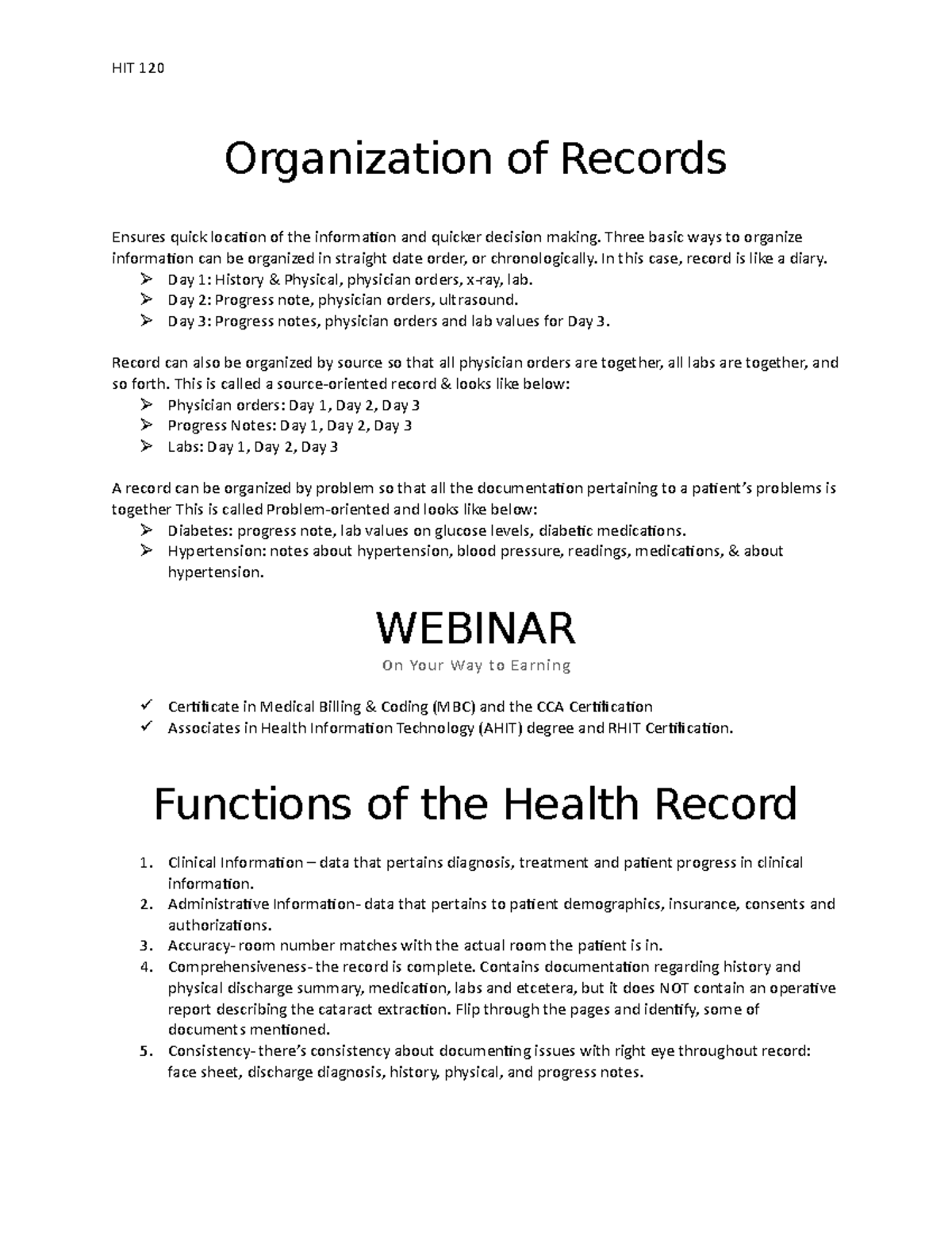 Organization of Records - HIT 120 Organization of Records Ensures quick ...