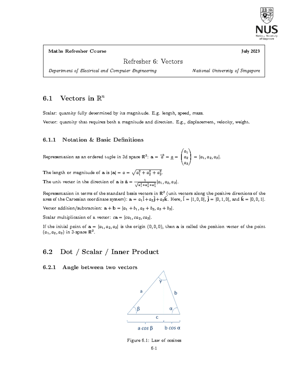 Lecture 6 vectors - Preview - Maths Refresher Course July 20 23 ...