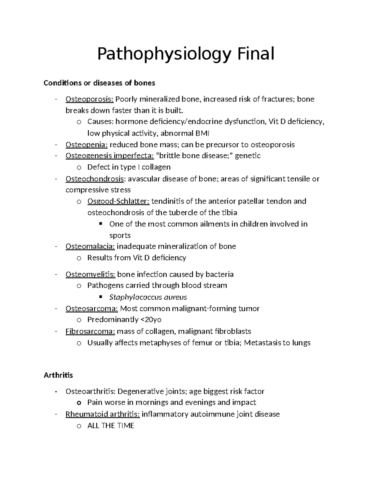 Pathophysiology Final - Pathophysiology Final Conditions or diseases of ...