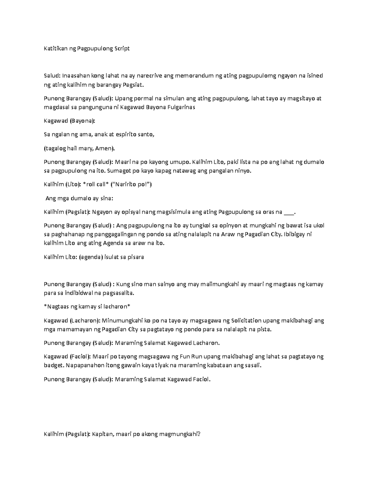 Katitikan ng Pagpupulong Script - Katitikan ng Pagpupulong Script Salud ...