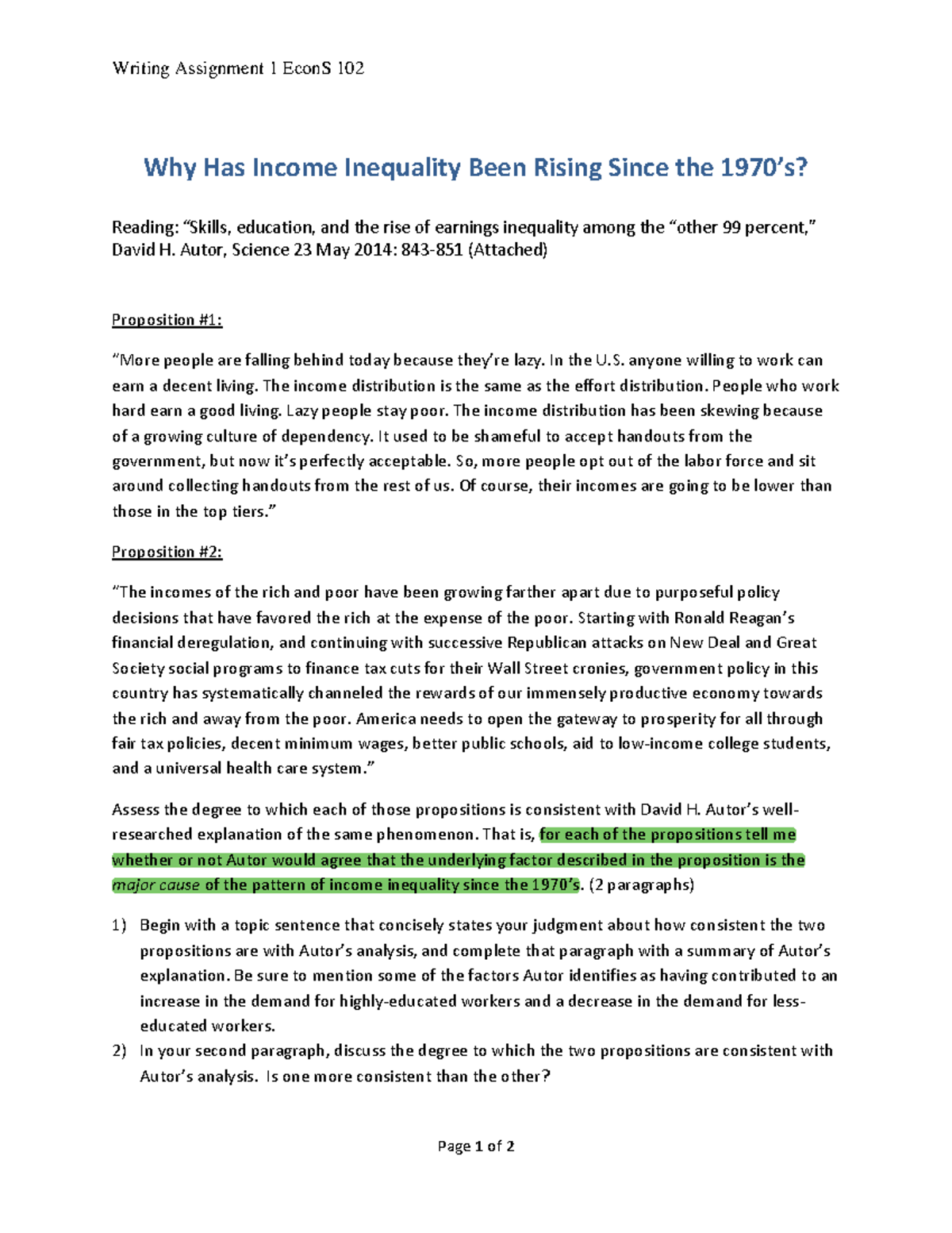 Inequality. Writing Assignment 1 - Writing Assignment 1 EconS 102 Page ...