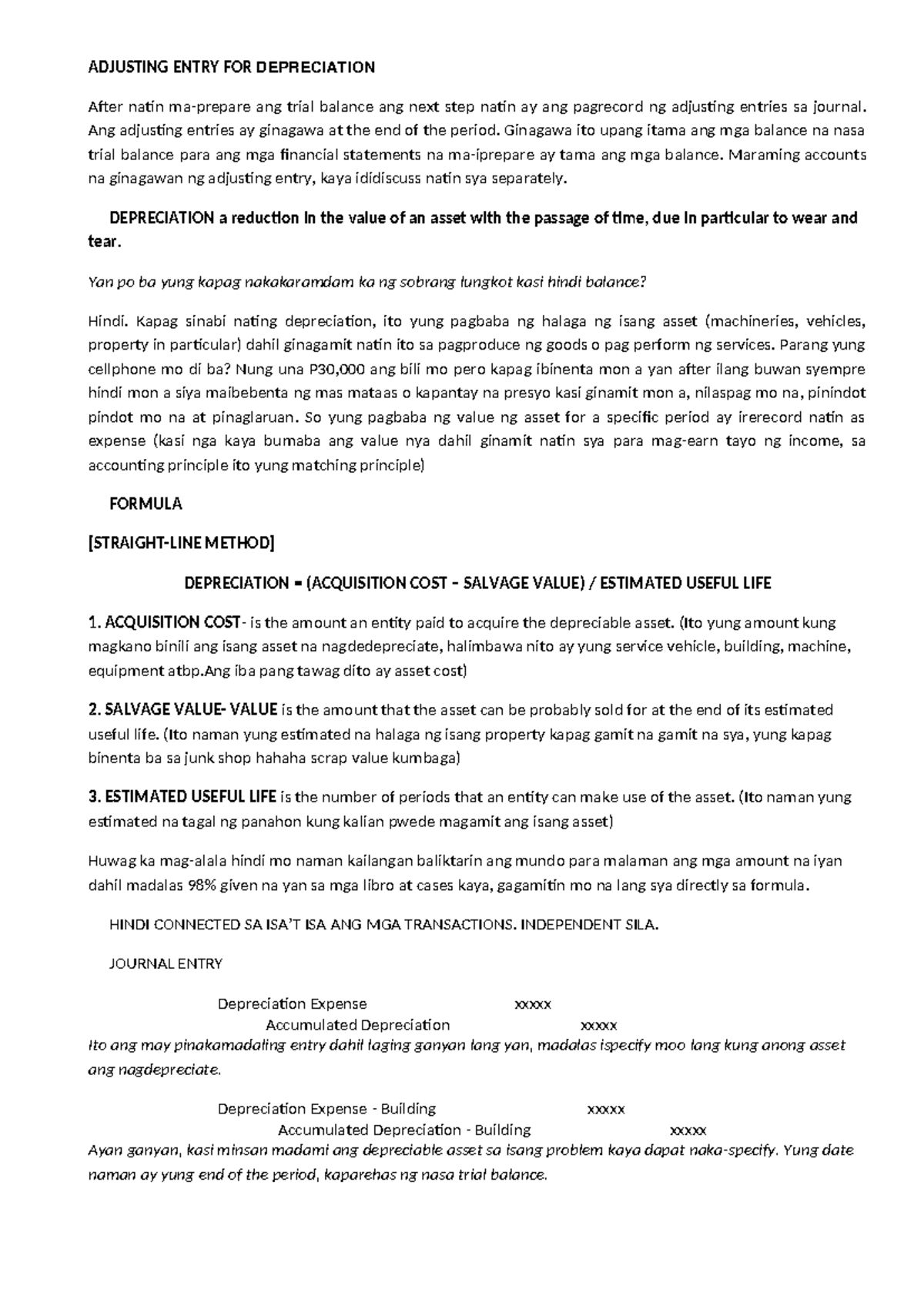 Depreciation Expense - Notes on adjusting entries - ADJUSTING ENTRY FOR ...
