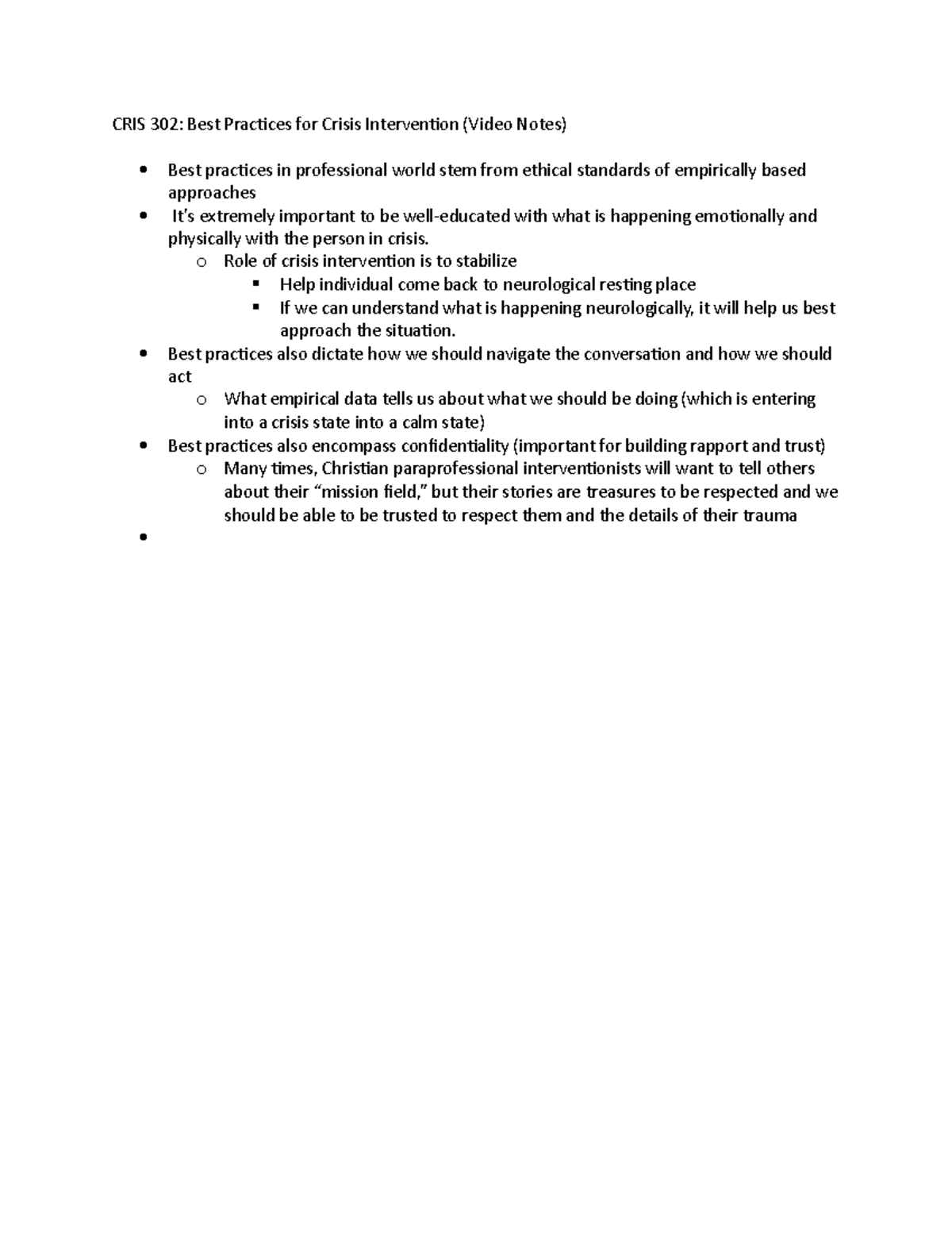 CRIS 302 Video Notes - CRIS 302: Best Practices for Crisis Intervention ...