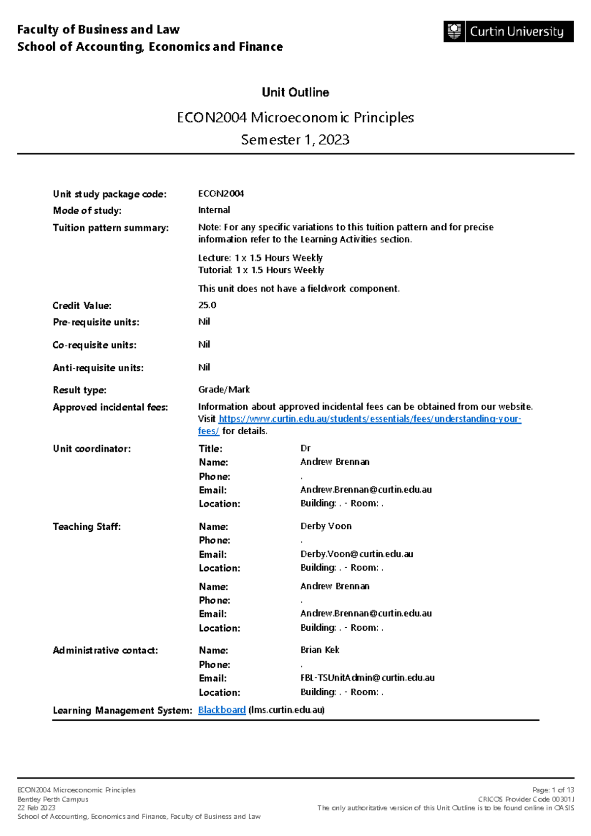 ECON2004 Microeconomic Principles Semester 1 2023 Bentley Perth Campus INT - Unit study package ...