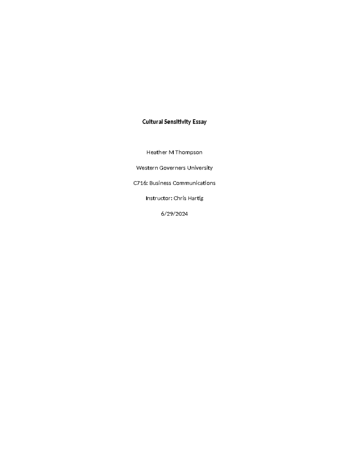 Business Communications Cultural Sensitivity Essay Heather Thompson ...
