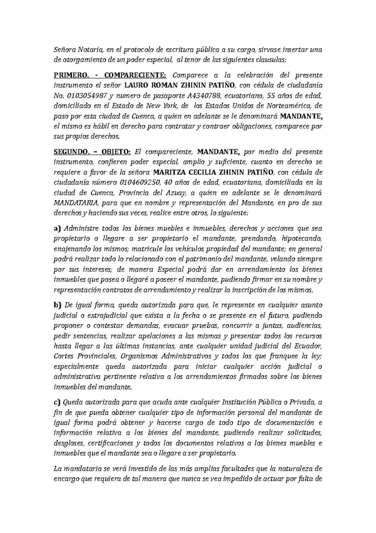 Poder especial - practica de pder - Señora Notaria, en el protocolo de ...