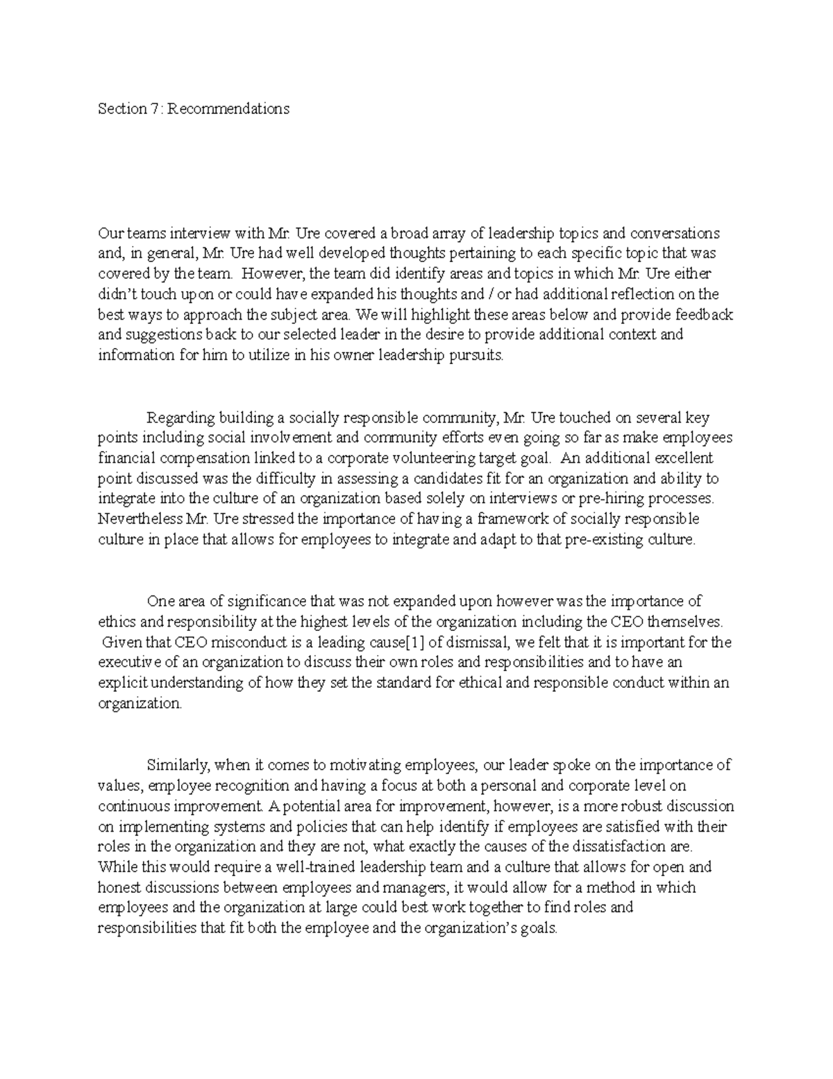 Section 7 - leadership interview paper recommendations - Section 7 ...