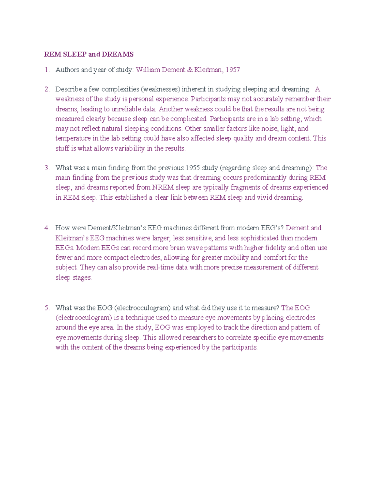 Dement n Kleitman Review - REM SLEEP and DREAMS 1. Authors and year of ...