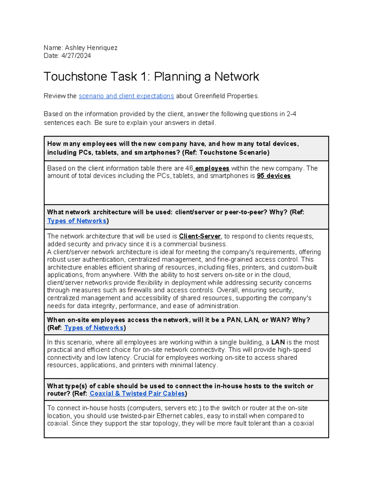 Touchstone Task 1 Planning a Network Infrastructure Questions - Name: Ashley Henriquez Date: 4 ...