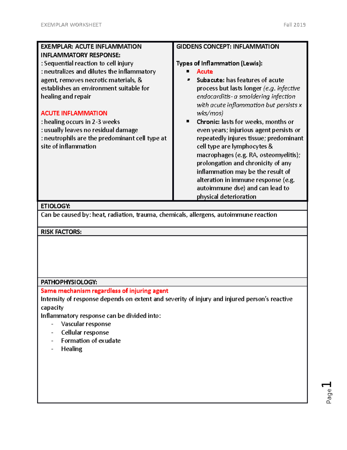 Exemplar Worksheet Acute Inflammation - 1 EXEMPLAR: ACUTE INFLAMMATION ...