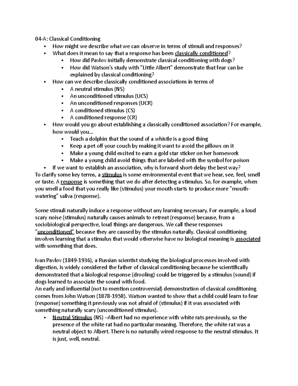 Psyc Notes 6 Psyc100 Lecture Practice 04 A Classical Conditioning 7361