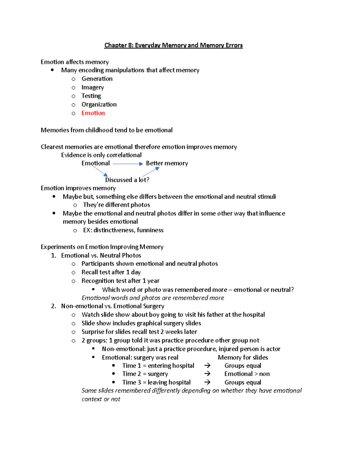 Chapter 8 - Professor: Blaire Weilder - Chapter 8: Everyday Memory and Memory Errors Emotion ...