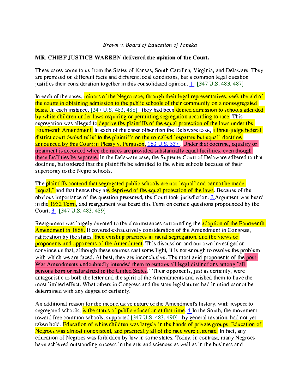 Brown Warren Opinion - Brown v. Board of Education of Topeka MR. CHIEF ...