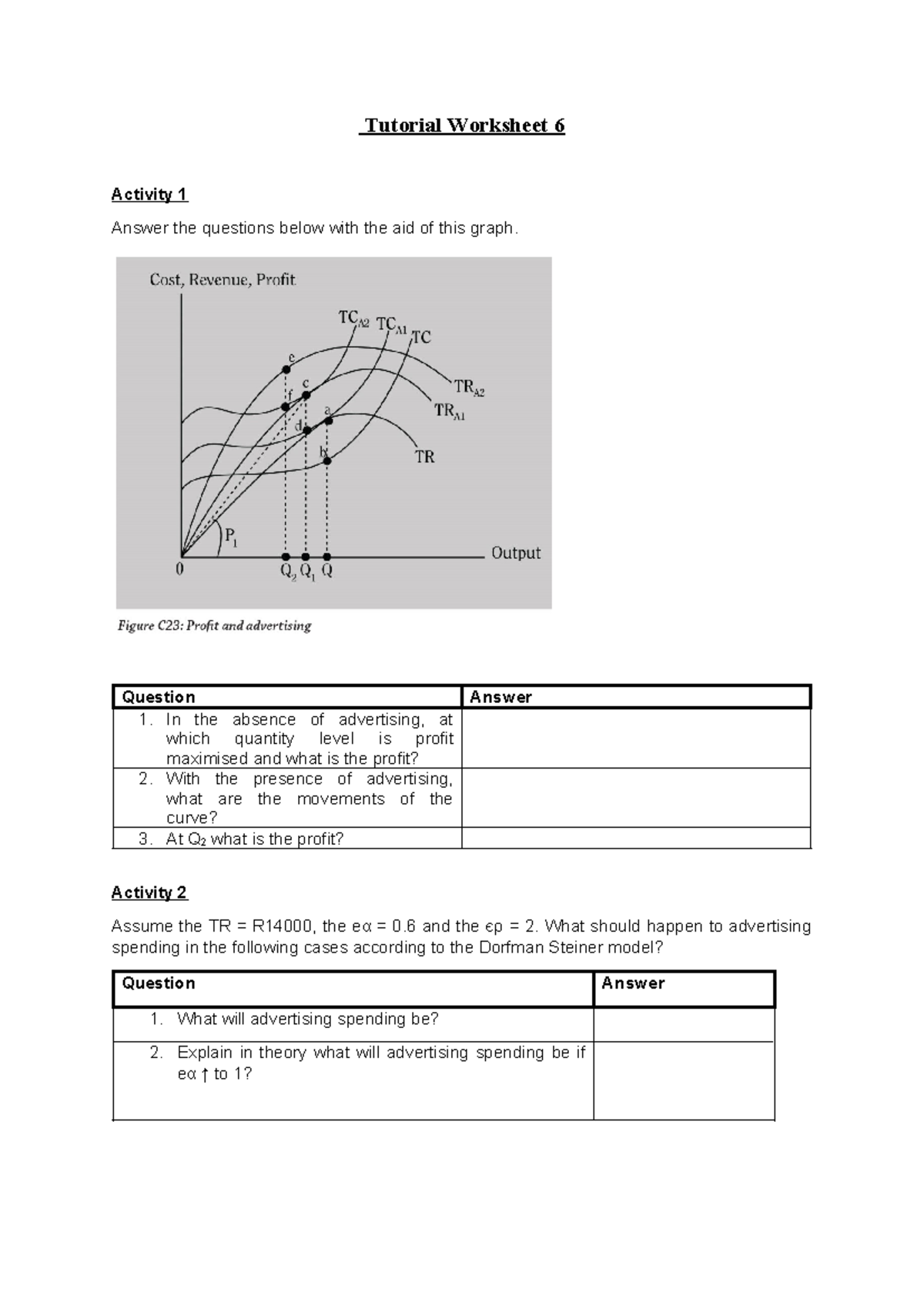 ECO2B Tutorial Worksheet 6 - Tutorial Worksheet 6 Activity 1 Answer the ...
