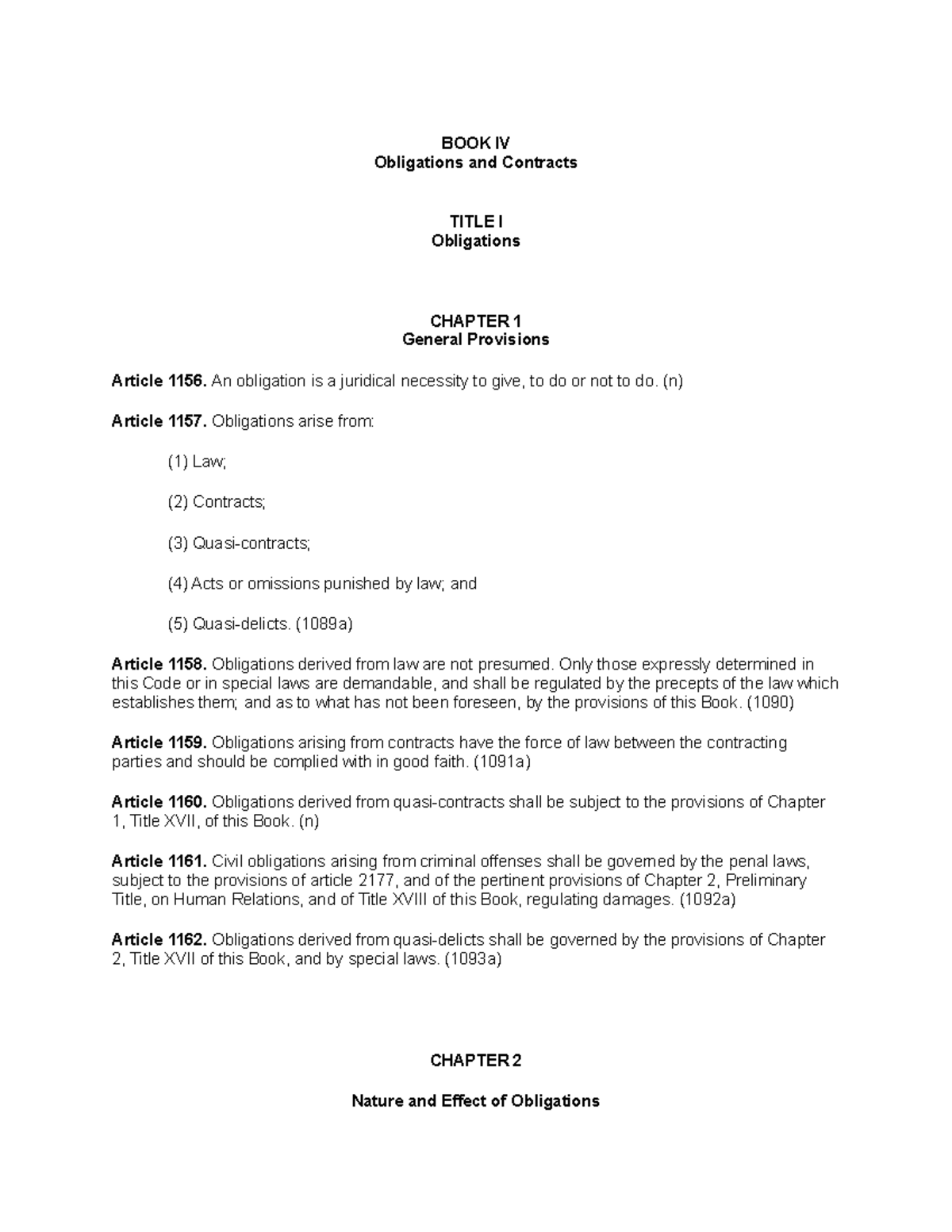 OBLICON Codal 1156-1178 ARTICLES - BOOK IV Obligations and Contracts ...