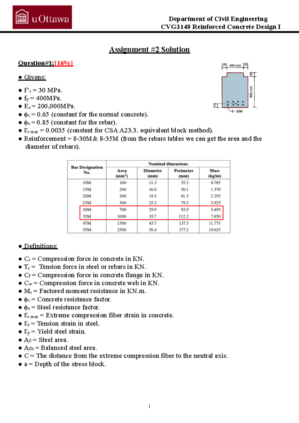 Assignment#2 Solution - CVG3148 Reinforced Concrete Design I Assignment #2 Solution Question#1 ...