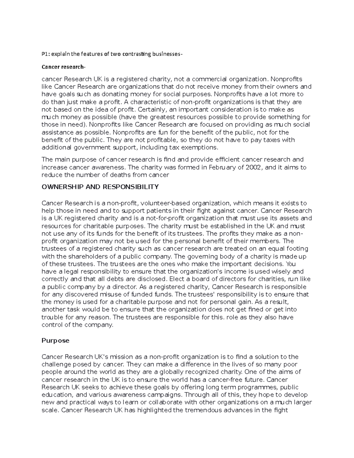 Unit 1 ass 1 - ............................. - P1: explain the features of two contrasting - Studocu