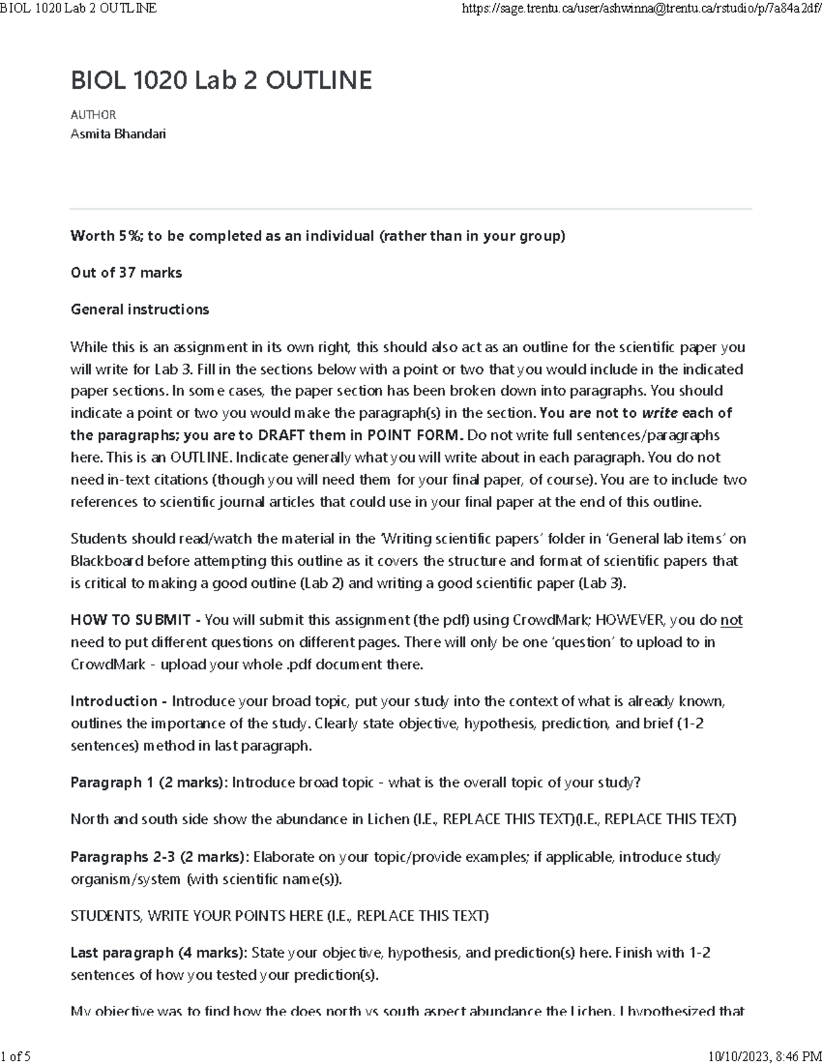 BIOL 1020 Lab 2 Outline - lab 2 assignment - Worth 5%; to be completed ...