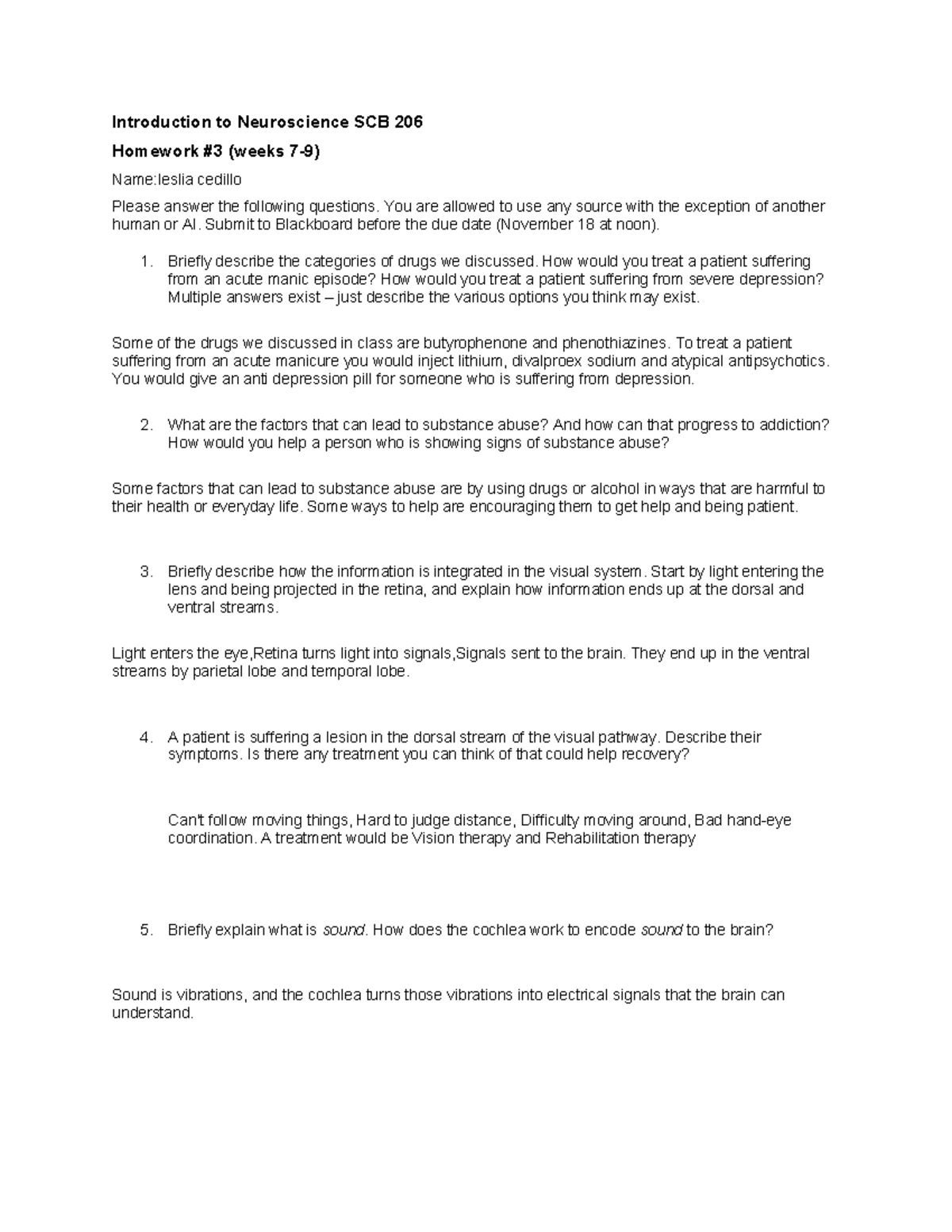 Neuroscience 7-9 - they are homework from the lecters - Introduction to ...