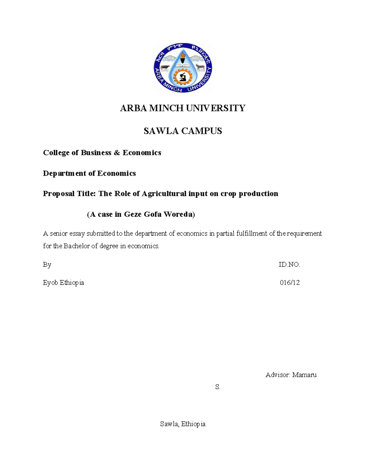 Eyoba proposal - ARBA MINCH UNIVERSITY SAWLA CAMPUS College of Business ...