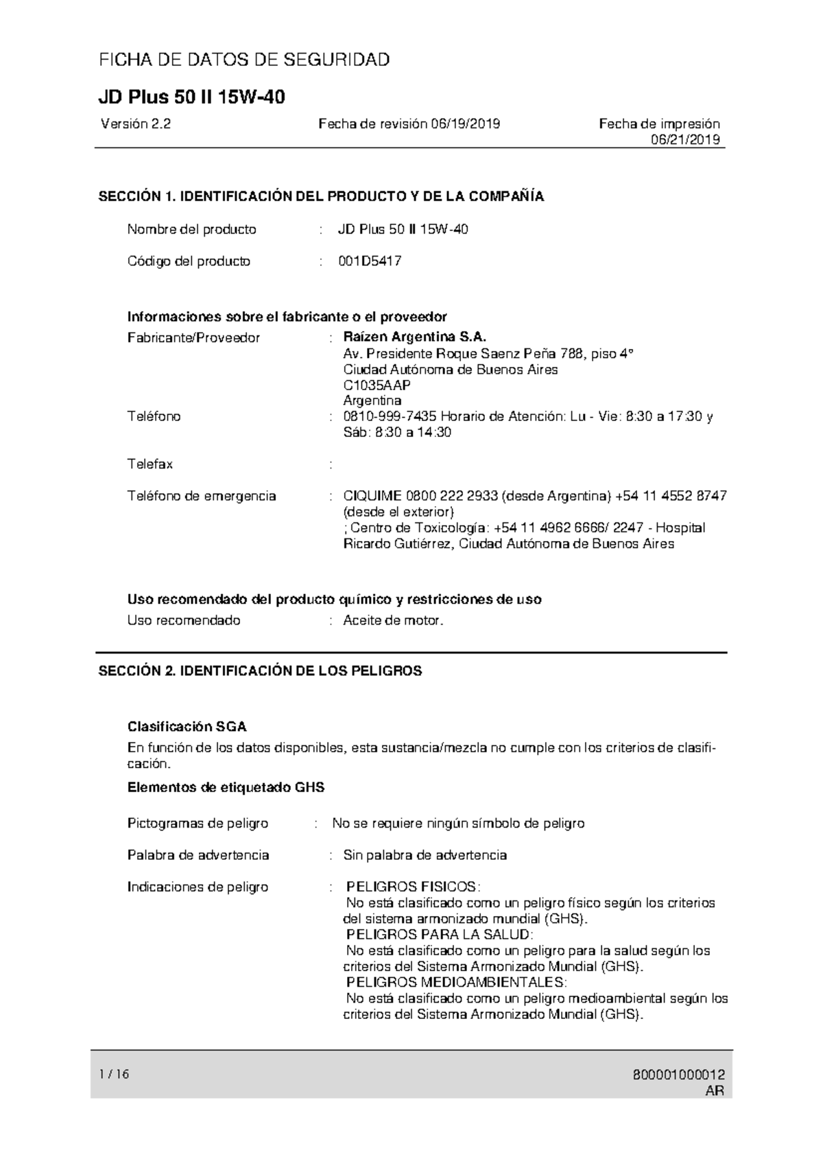 FDS plus-50-II - JD Plus 50 II 15W- 40 Versión 2. 2 Fecha de revisión 06/19/2019 Fecha de ...