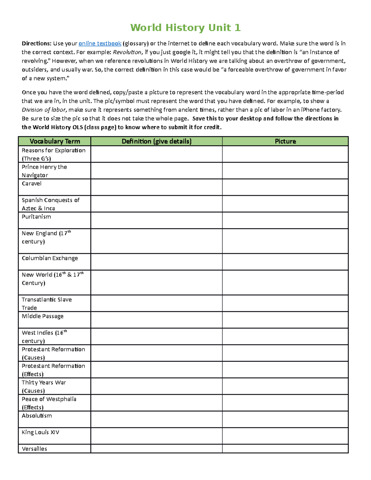 WH Unit 1 vocab Spring 2022 20231 - World History Unit 1 Directions ...