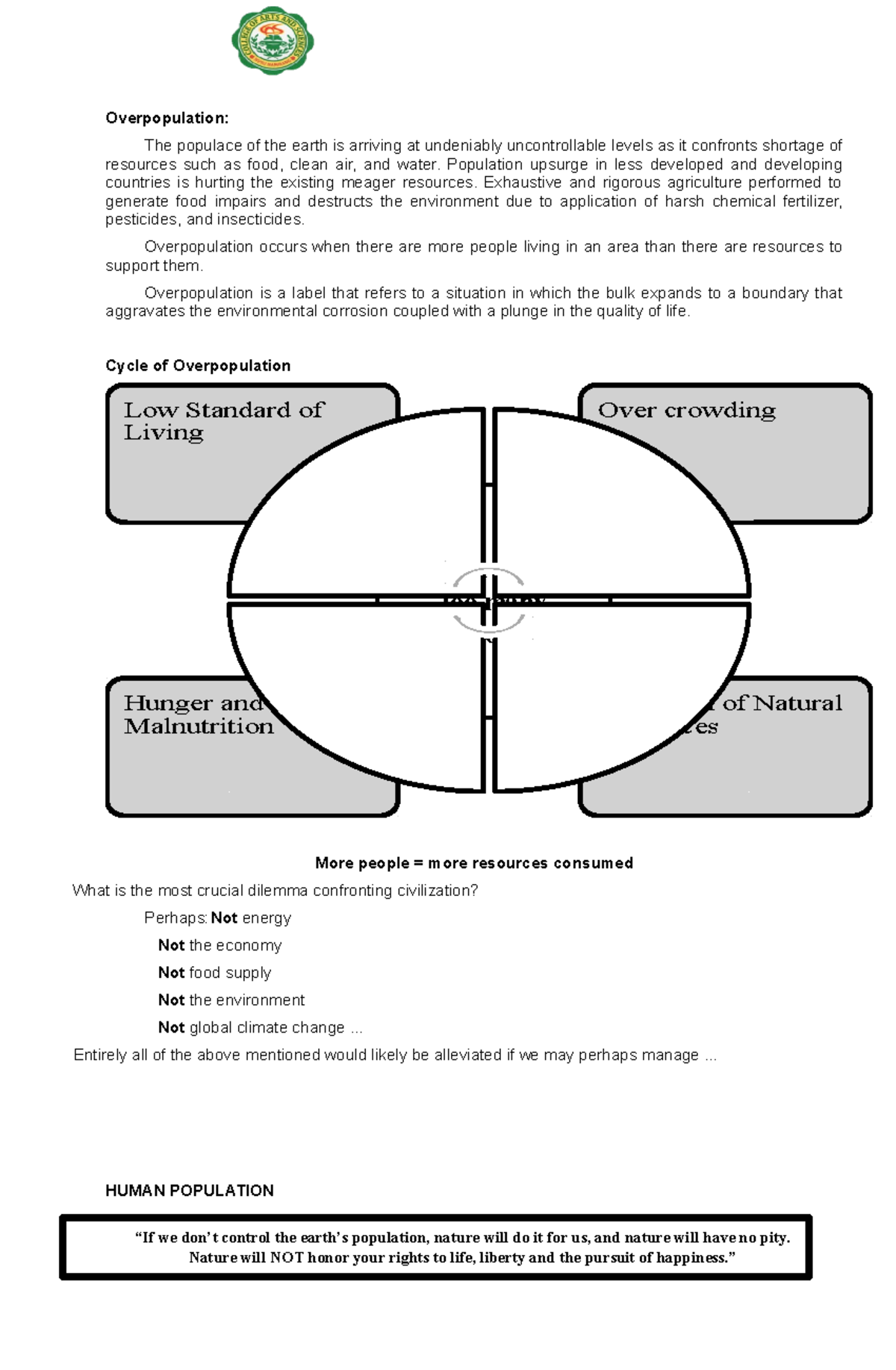 Environmental Management. Module 2. 3 - Overpopulation: The populace of ...