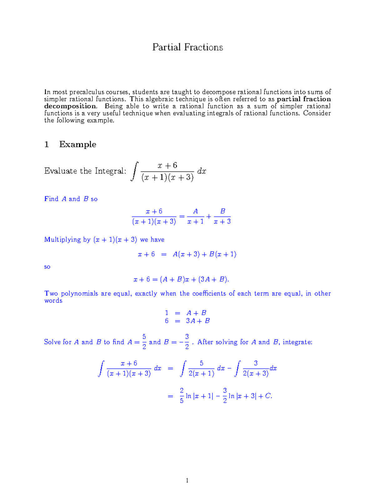 Lesson 5 Partial Fractions (Solutions) - Partial Fractions In most ...