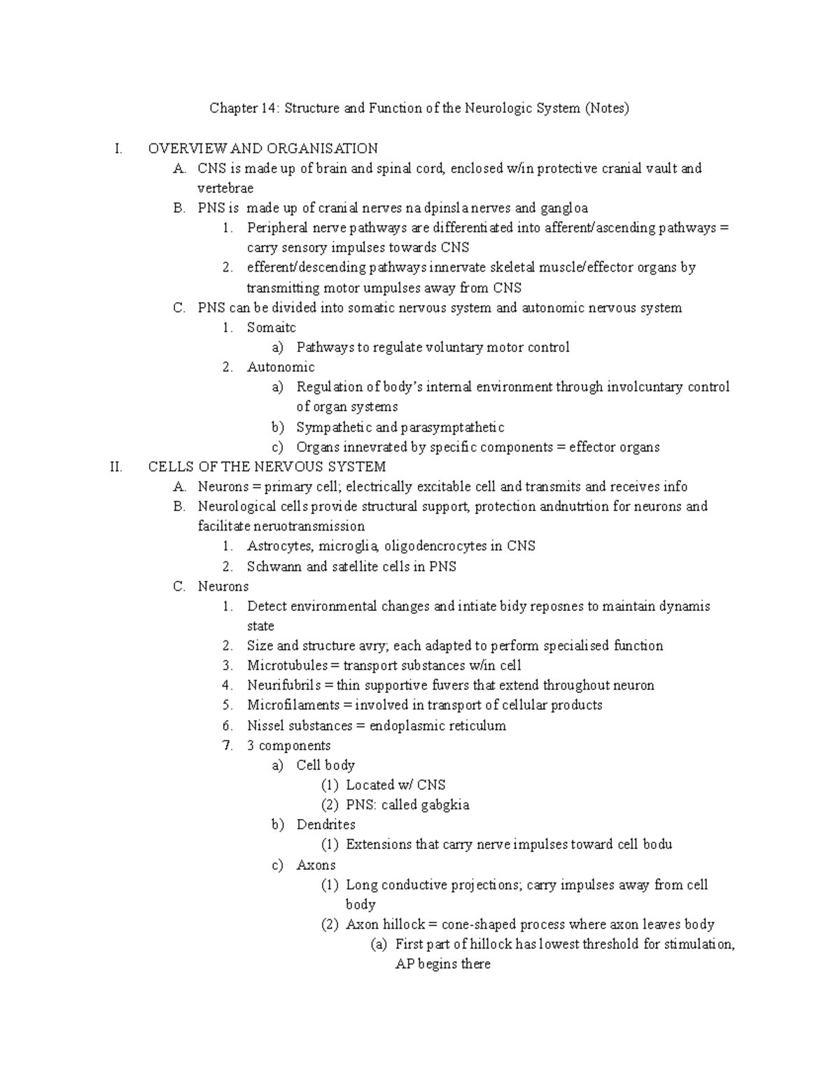 Chapter 14 Structure and Function of the Neurologic System (Notes ...