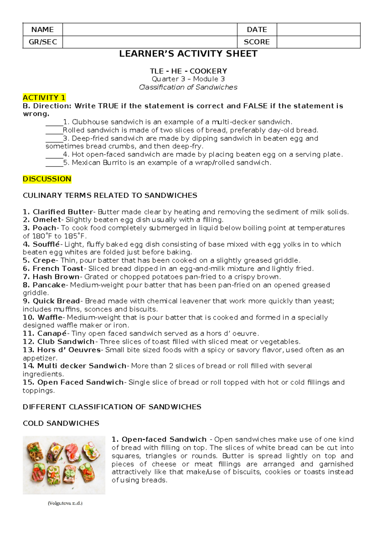 Module 3 LAS - NAME DATE GR/SEC SCORE LEARNER’S ACTIVITY SHEET TLE - HE ...