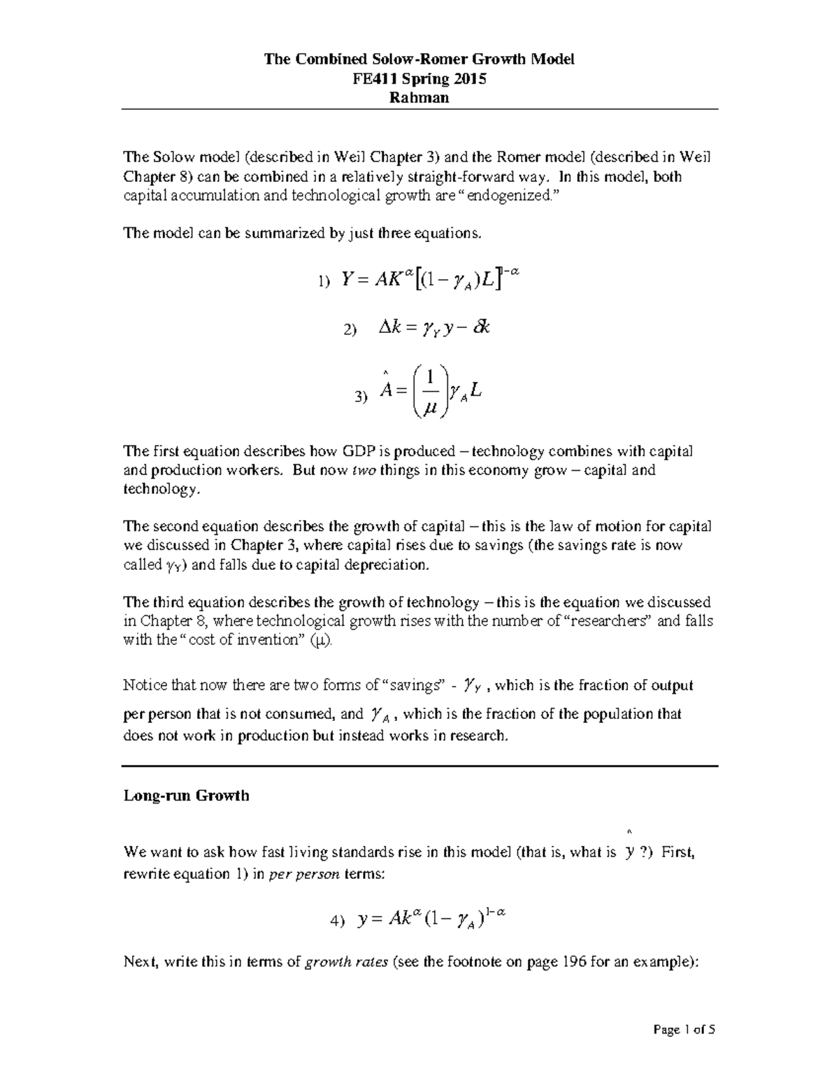 Combined Solow-Romer Model 2015 - FE411 Spring 2015 Rahman The Solow ...