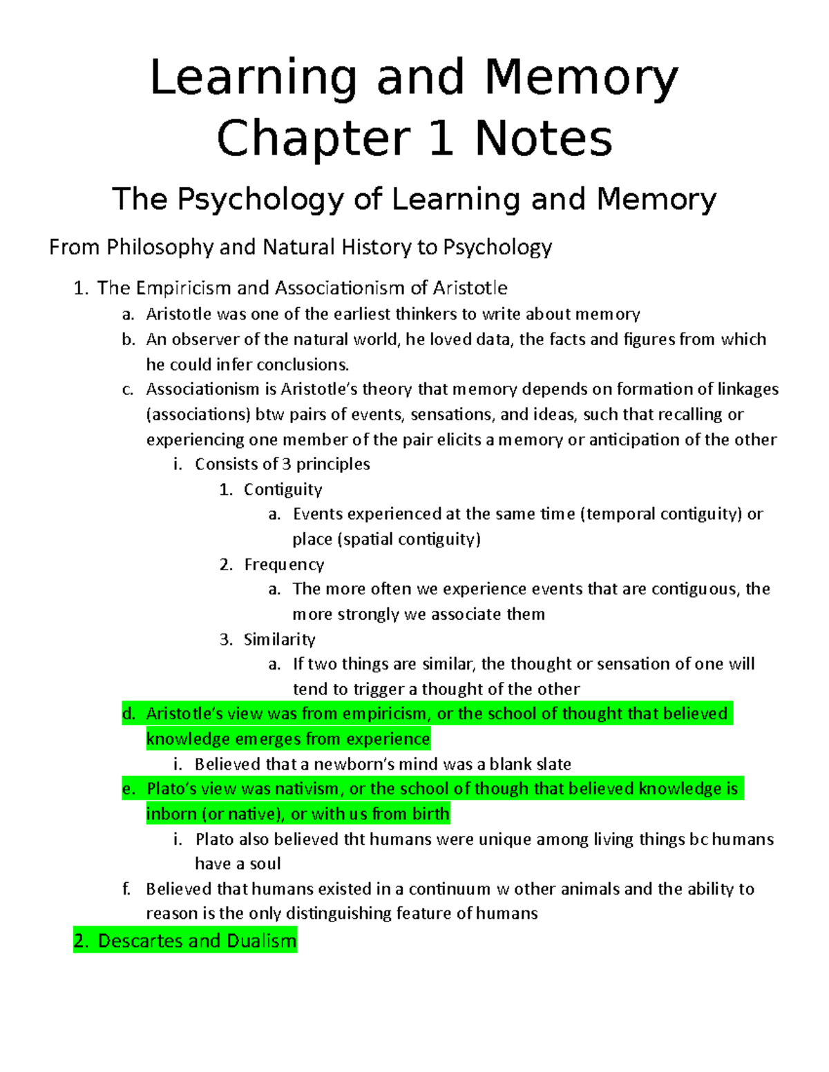 Learning and Memory Chapter 1 Notes - The Empiricism and Associationism ...
