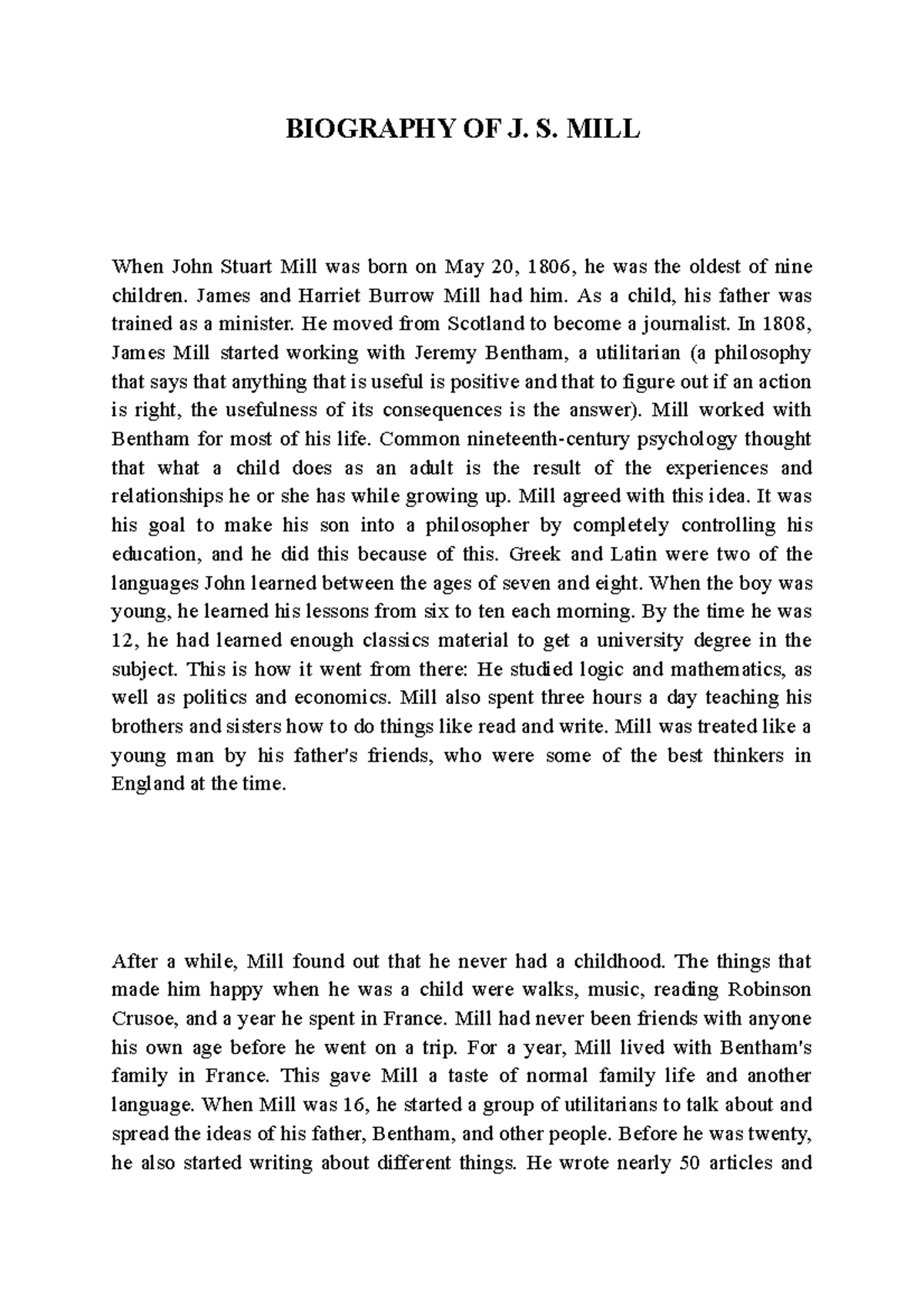 Biography OF J. S. MILL - Lecture notes 4 - BIOGRAPHY OF J. S. MILL ...