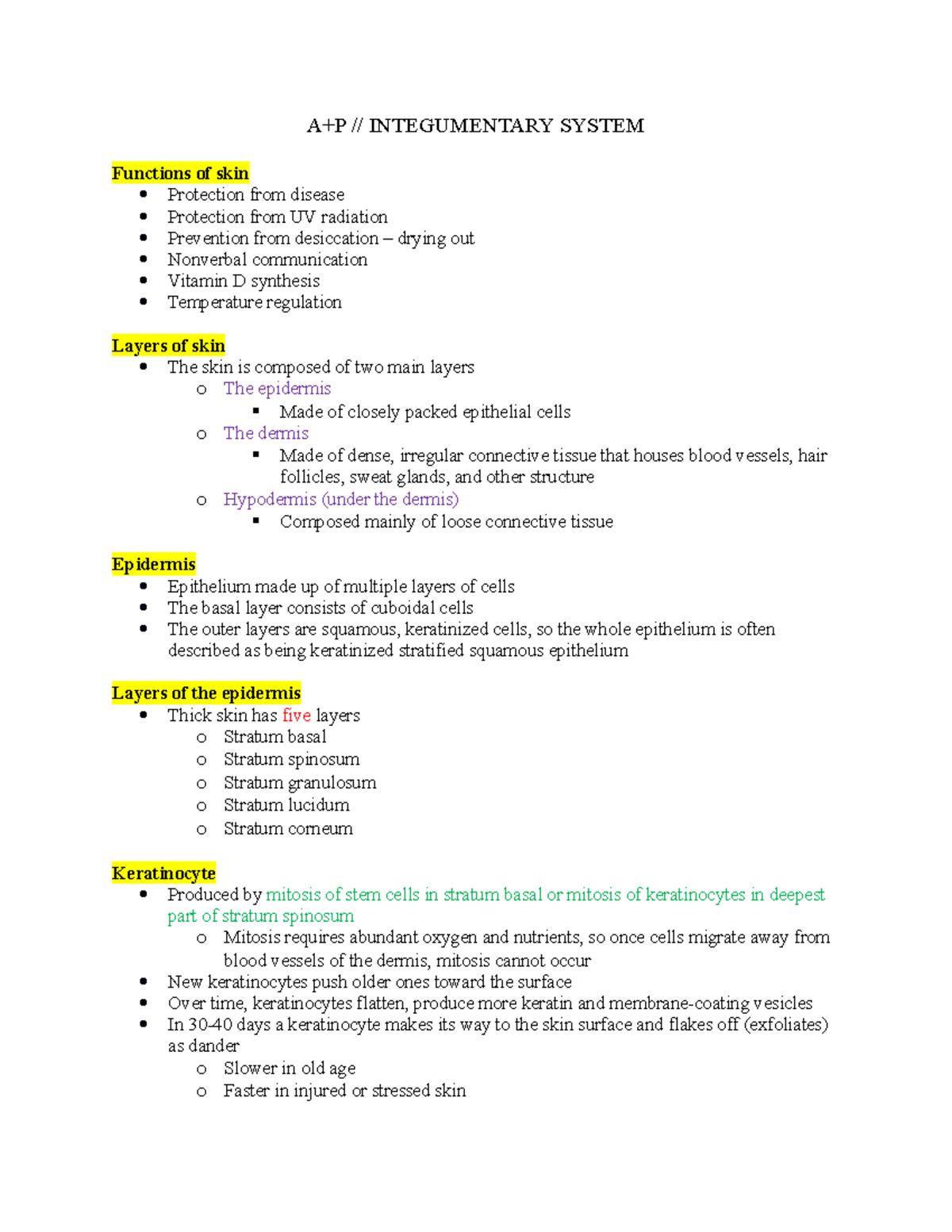 Integu - Lecture notes 9 - INTEGUMENTARY SYSTEM Functions of skin ...