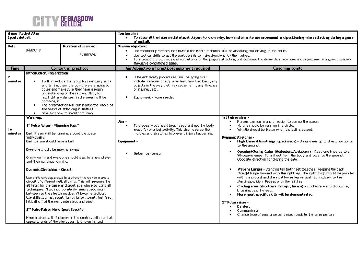 Netball Attacking - Name: Rachel Allan Sport: Netball Session aim: To ...