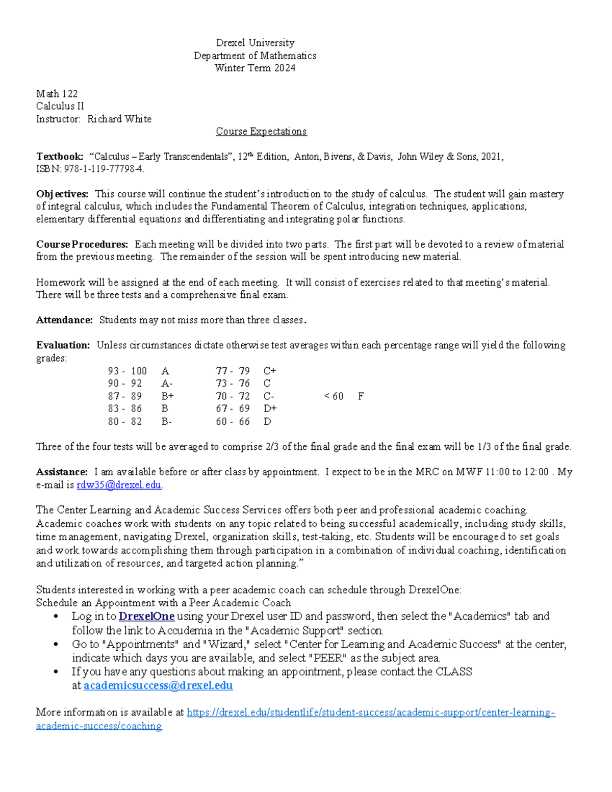 Math 122 syll DU winter 24 - Drexel University Department of ...
