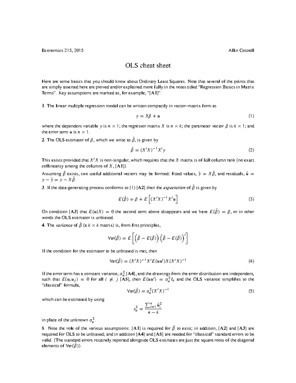 Ols cheat sheet - Economics 215, 2015 Allin Cottrell OLS cheat sheet Here are some basics that ...