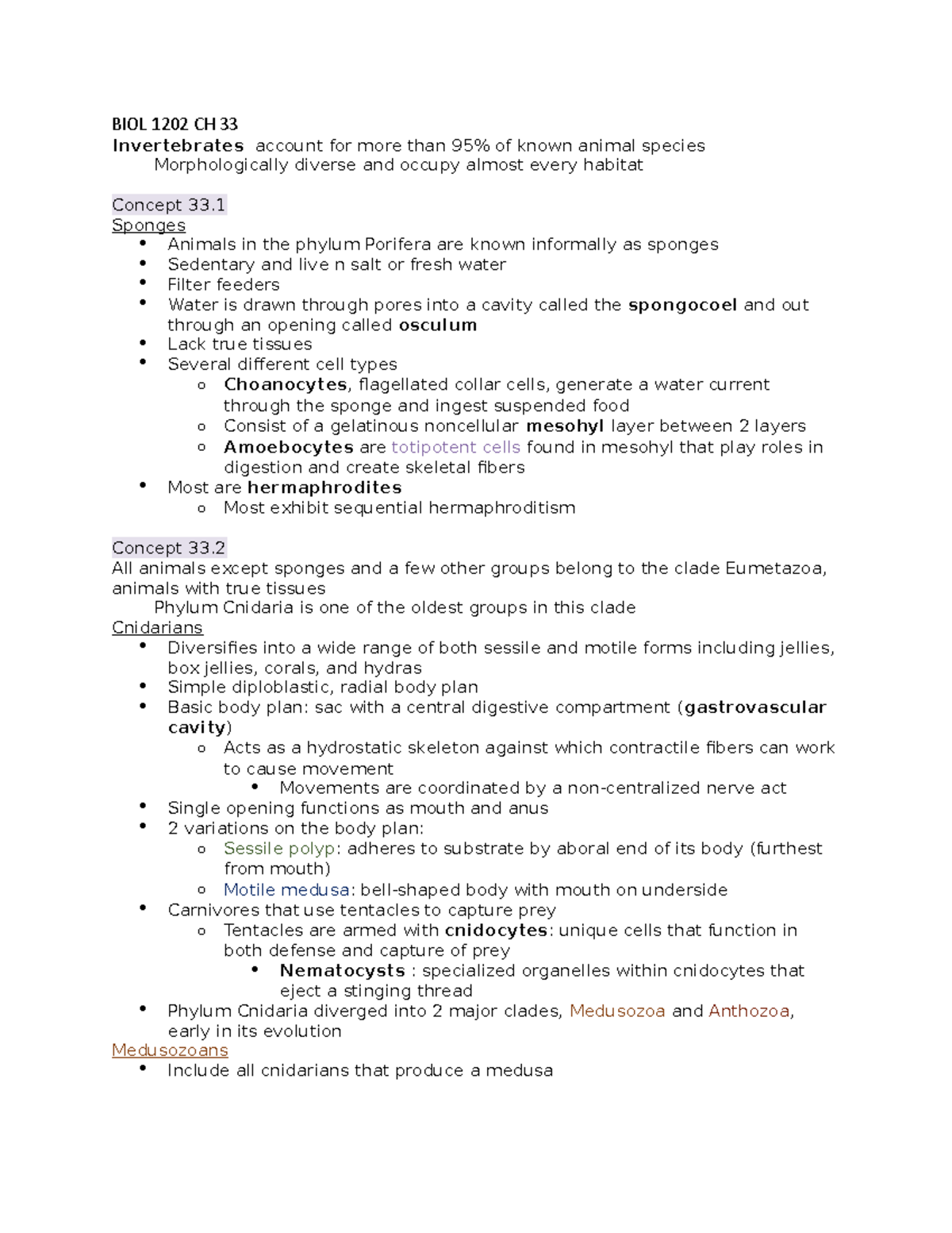 BIOL 1202 CH 33 - Notes on Ch 33 for Exam 4 - BIOL 1202 CH 33 ...