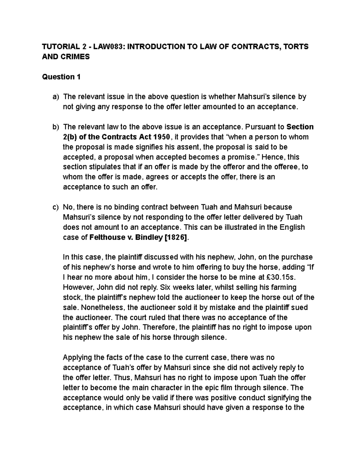 Tutorial 2 - LAW083- Introduction TO LAW OF Contracts, Torts AND Crimes - TUTORIAL 2 - LAW083 ...