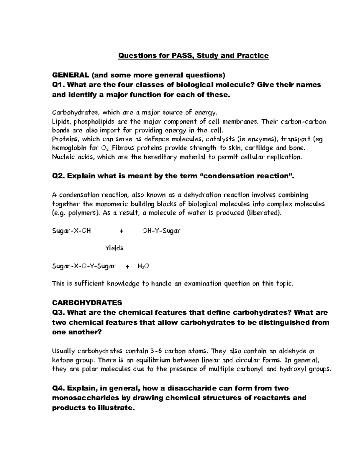 Questions carbohydrates lipids 2018 answers - Questions for PASS, Study ...