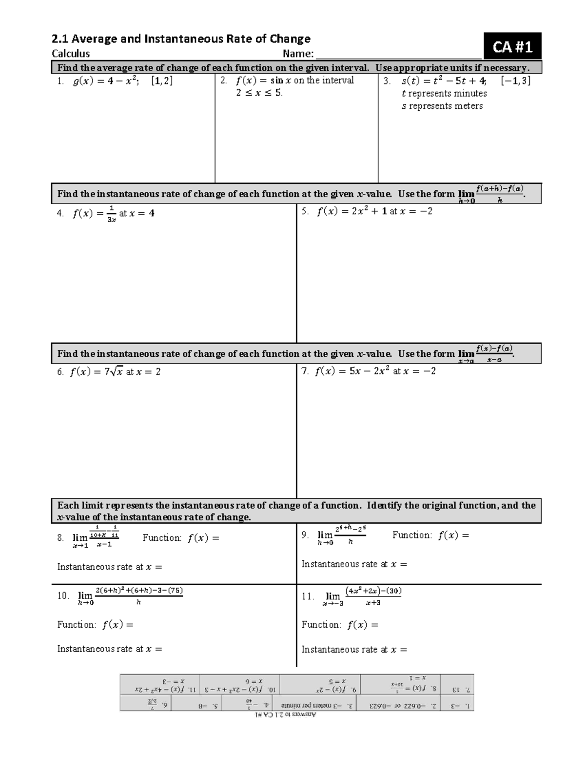 Calc 2 - Unit 2 - 2 Average and Instantaneous Rate of Change Calculus ...