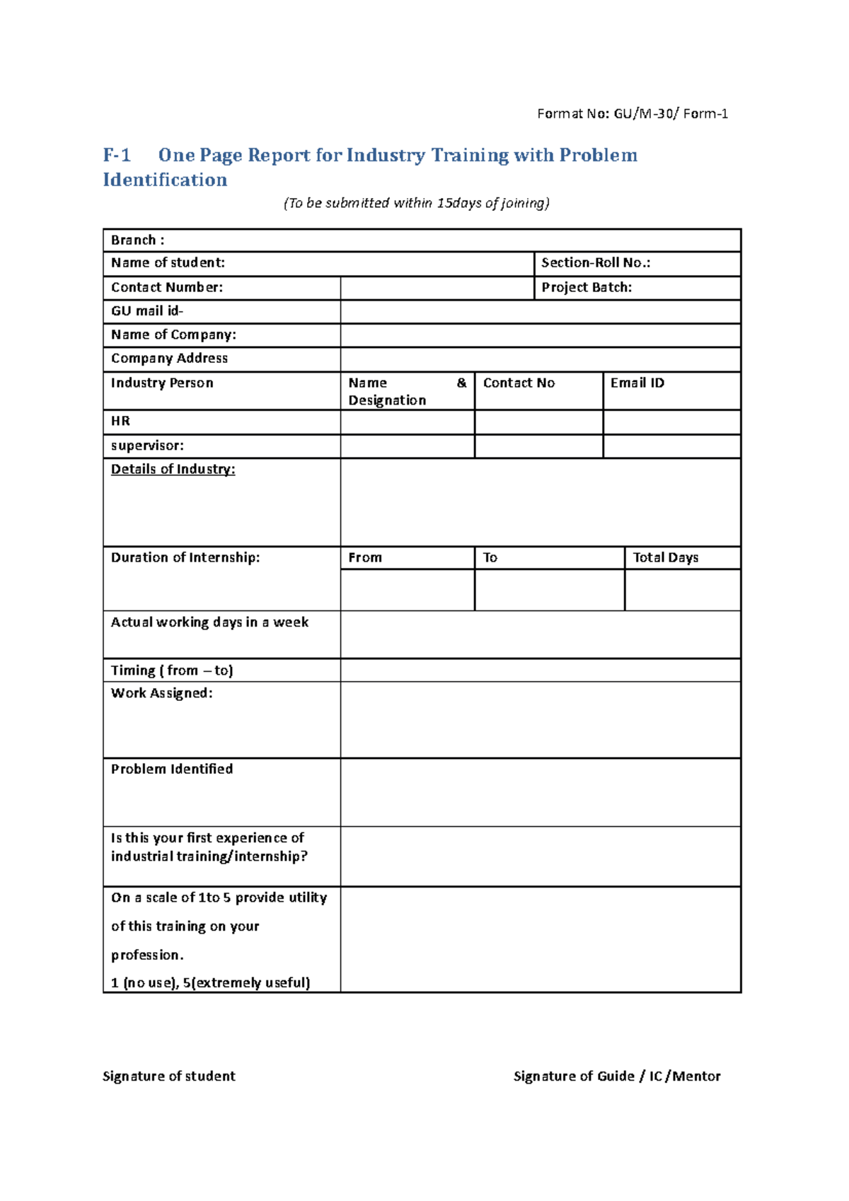 Internship One Page Report - Format No: GU/M-30/ Form- F-1 One Page ...