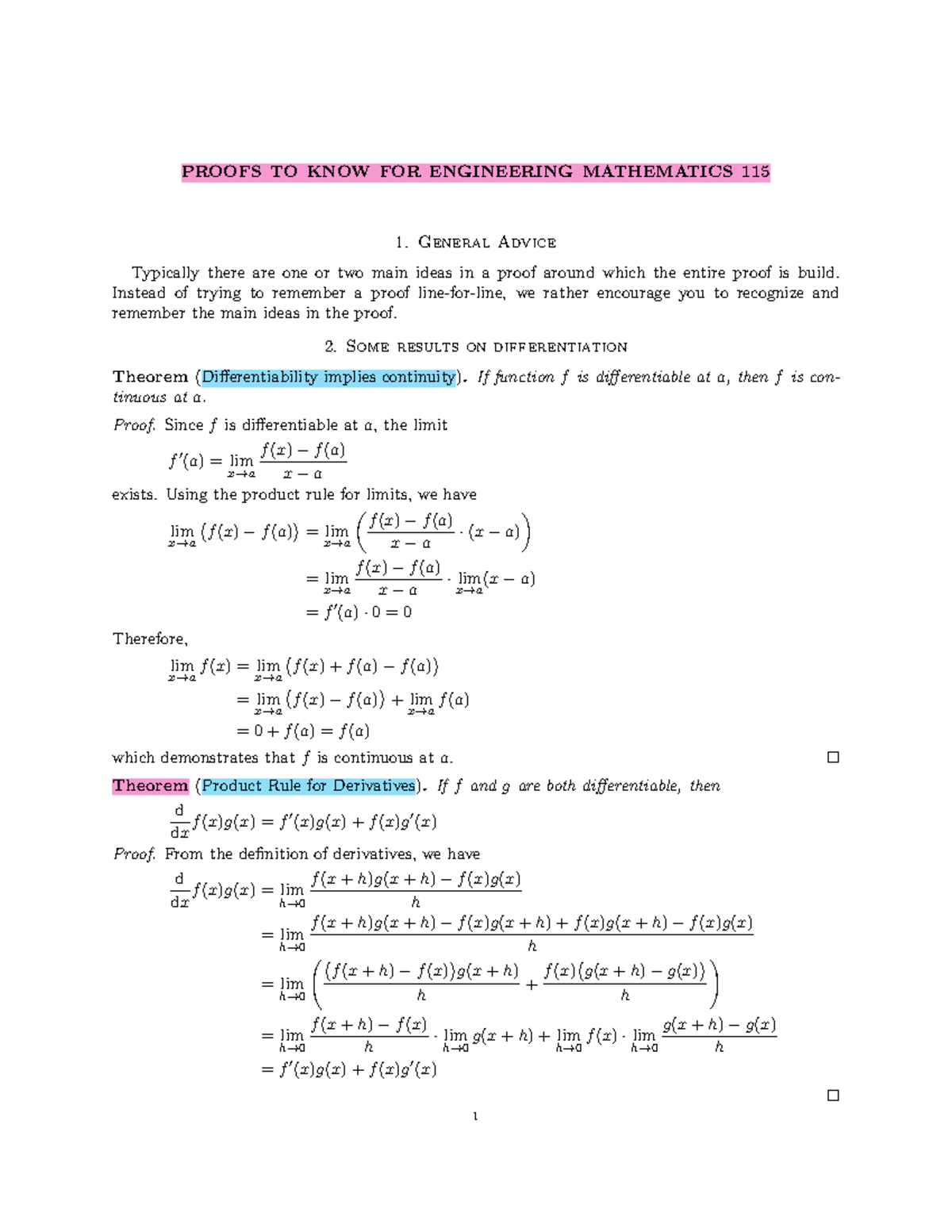 Proofs Eng - Study notes of 1st year Engineering Mathematics. - PROOFS ...