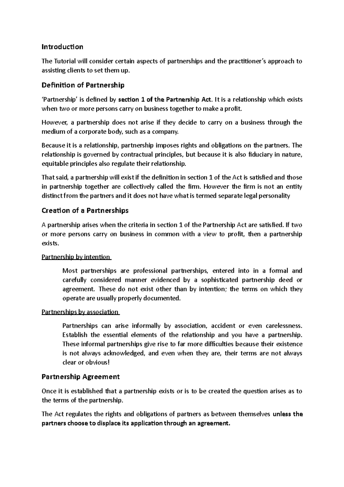 Notes - Partnership Formation, Agreement & Disolution - Introduction ...