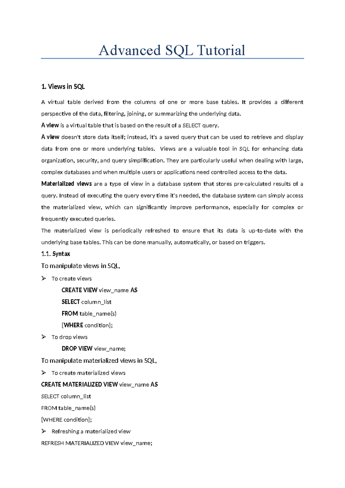 Advanced Sql Tutorial V2 Advanced Sql Tutorial 1 Views In Sql A 2174