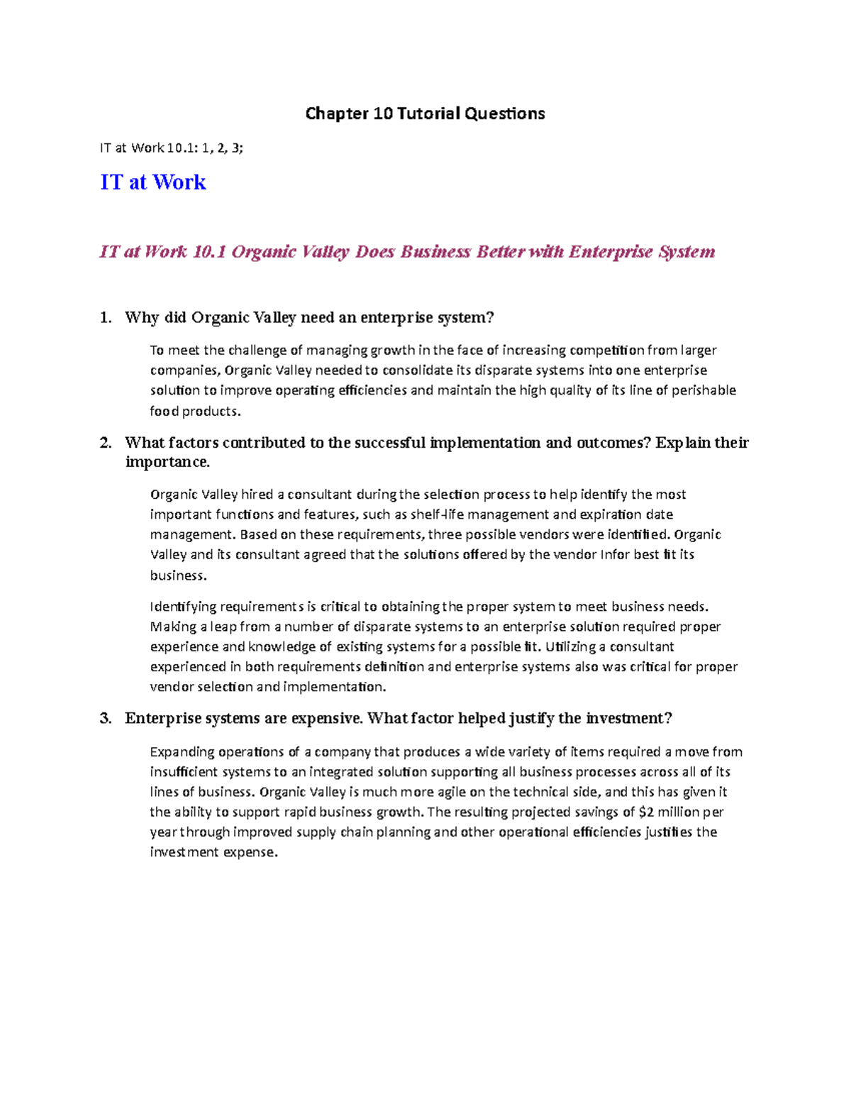 Chapter 10 Tutorial Solutions - Chapter 10 Tutorial Questions IT at ...