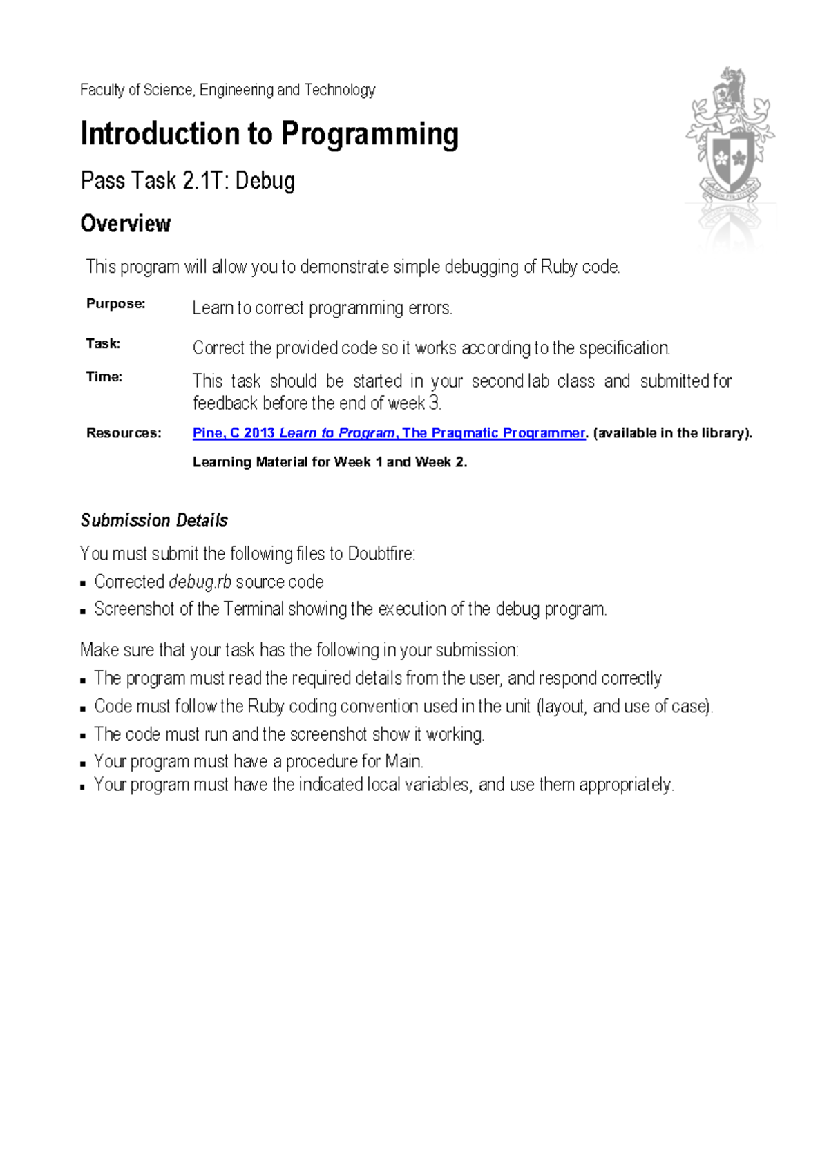 week 2 practice task - Faculty of Science, Engineering and Technology ...